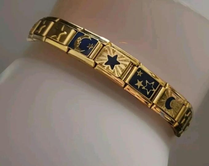 Italian Charm Bracelet Moon Stars 18 Links Gold and Blue Stainless ...