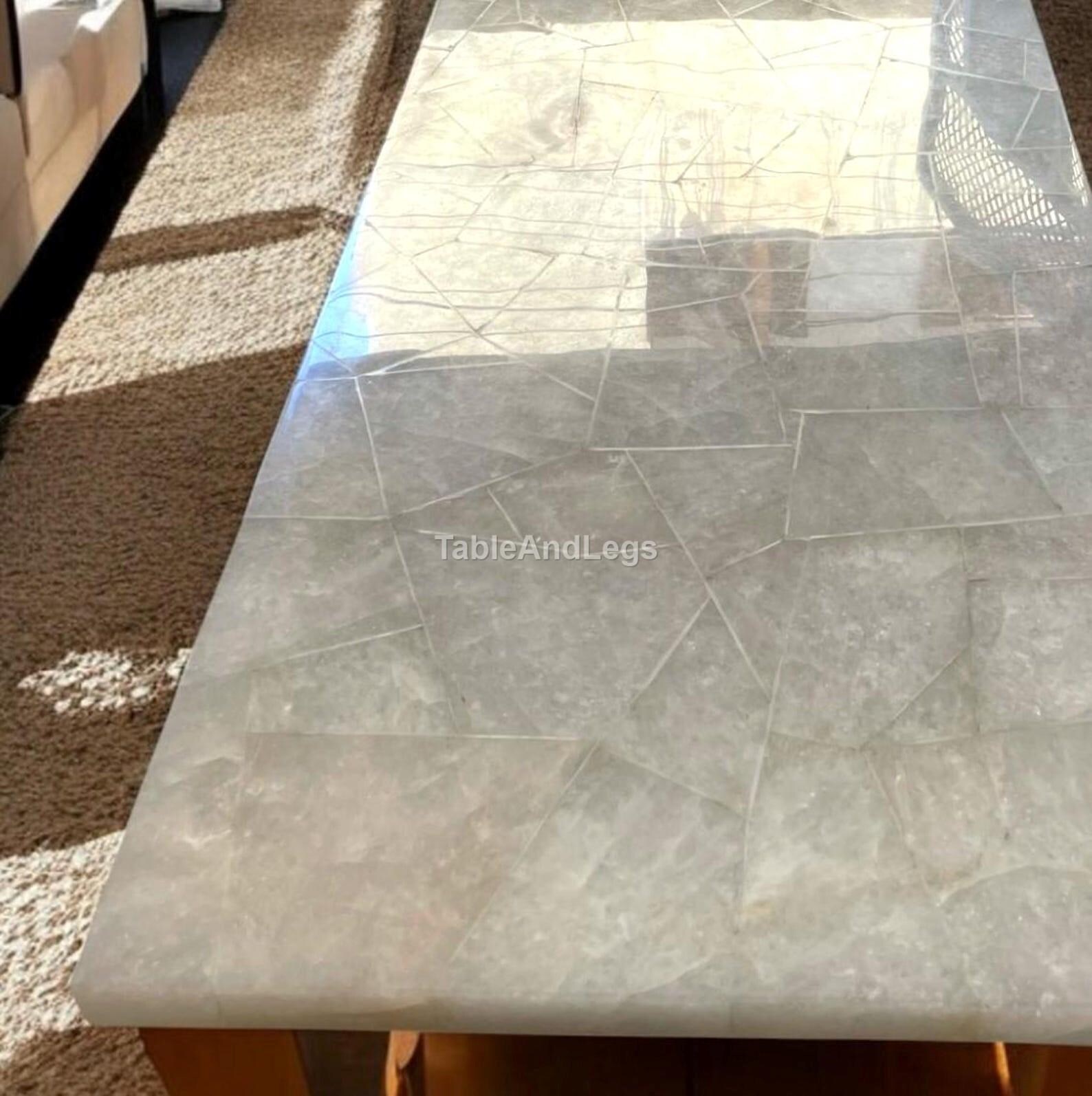 Luxury White Quartz Table Top | Clear Agate Mosaic Slab | High Geode ...