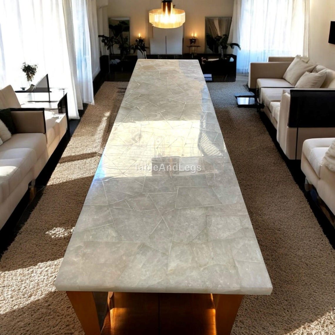 Luxury White Quartz Table Top | Clear Agate Mosaic Slab | High Geode ...
