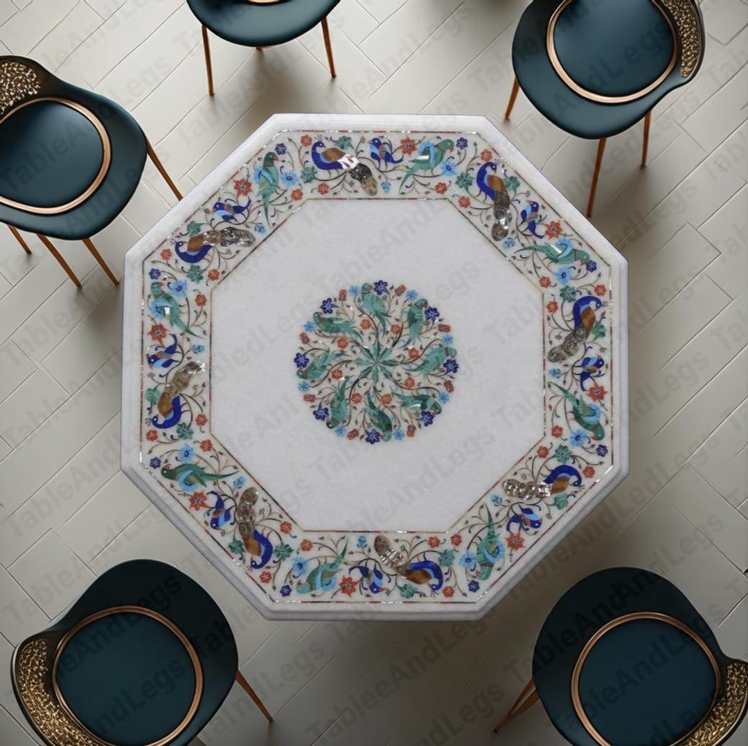 Agra Stone Inlay Octagon Table Top | White Marble Pietra Dura Table ...