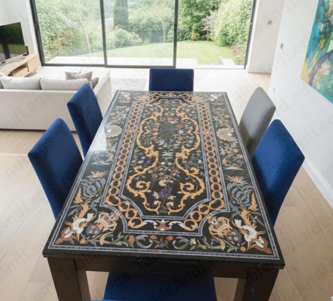 Rectangular Black Marble Inlay Table Top – Gemstone Pietra Dura Floral ...