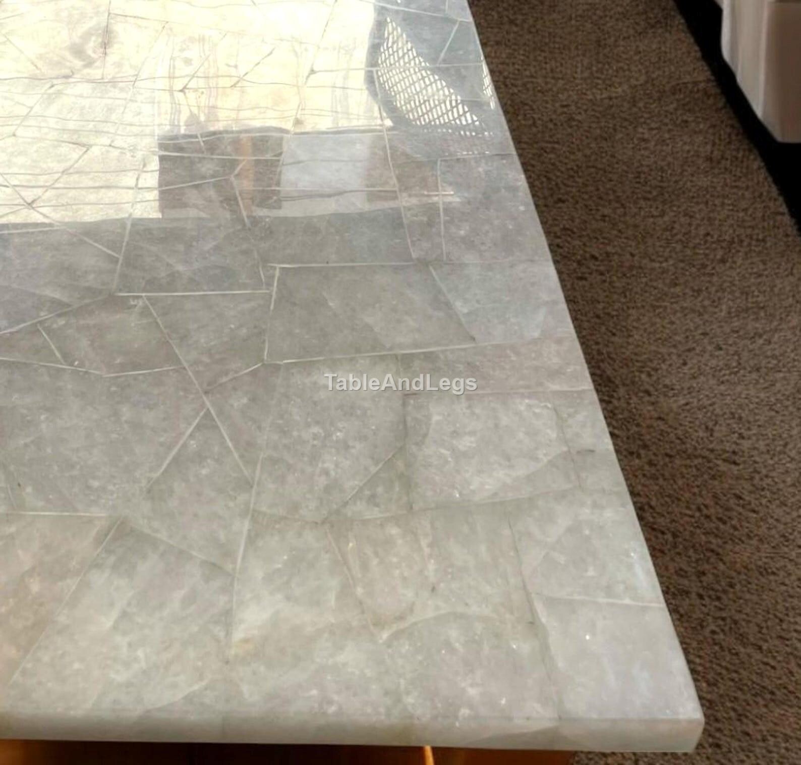 Luxury White Quartz Table Top | Clear Agate Mosaic Slab | High Geode ...
