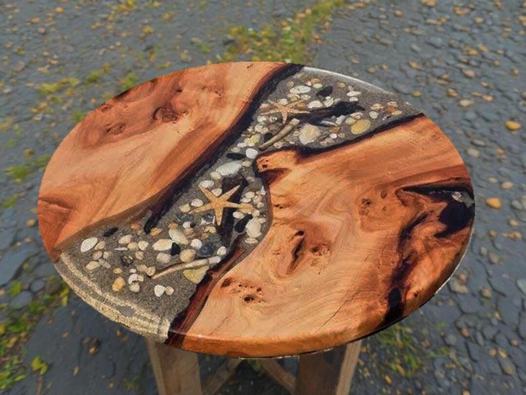 Live Edge Coffee Table | Resin Beach Ocean Table Top | Starfish Shells ...