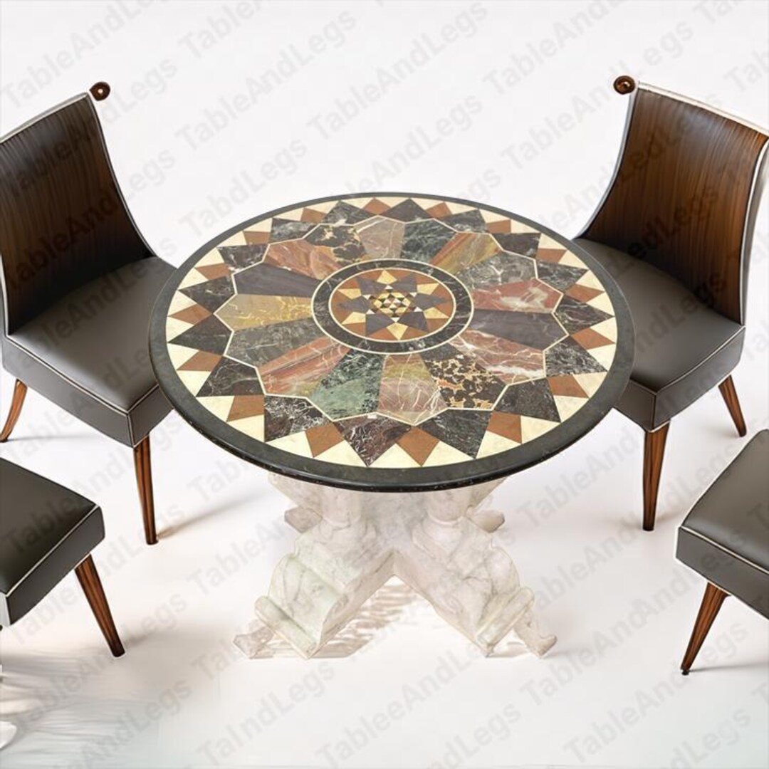 Round Marble Inlay Top • Italian Style Mosaic Pietra Dura • Geometric ...