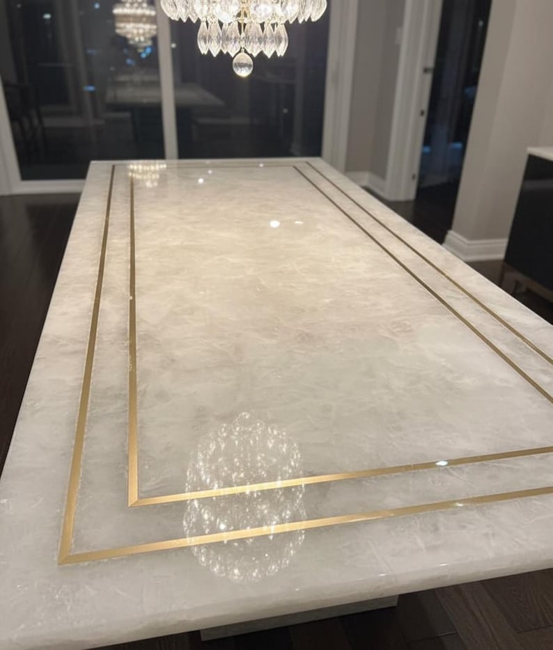 White Agate Dining Table With Gold Inlay | Handmade Modern Stone ...