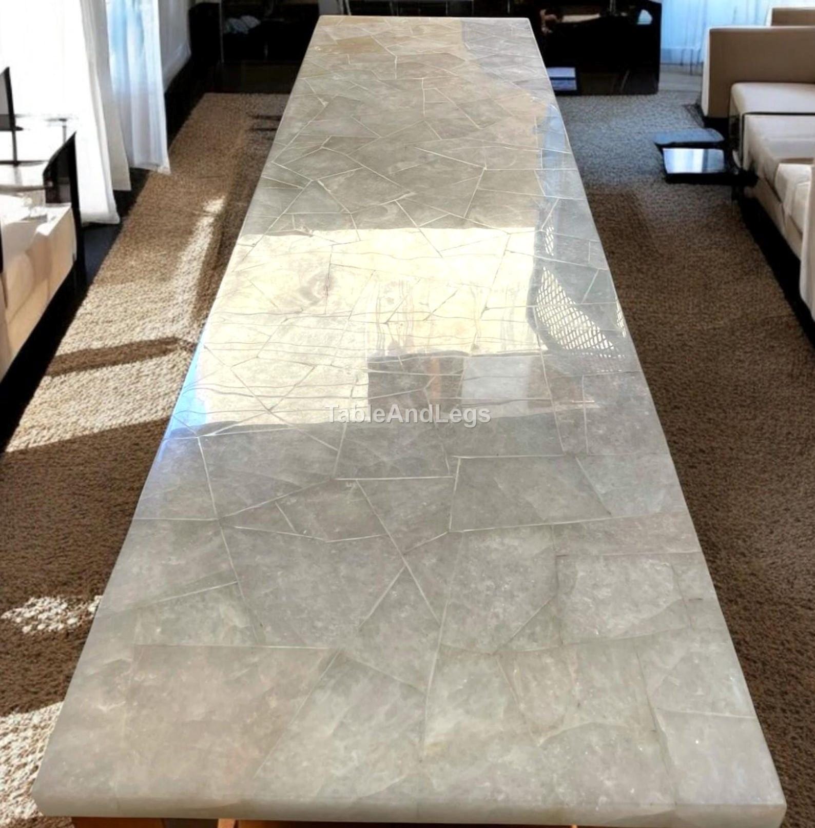 Luxury White Quartz Table Top | Clear Agate Mosaic Slab | High Geode ...