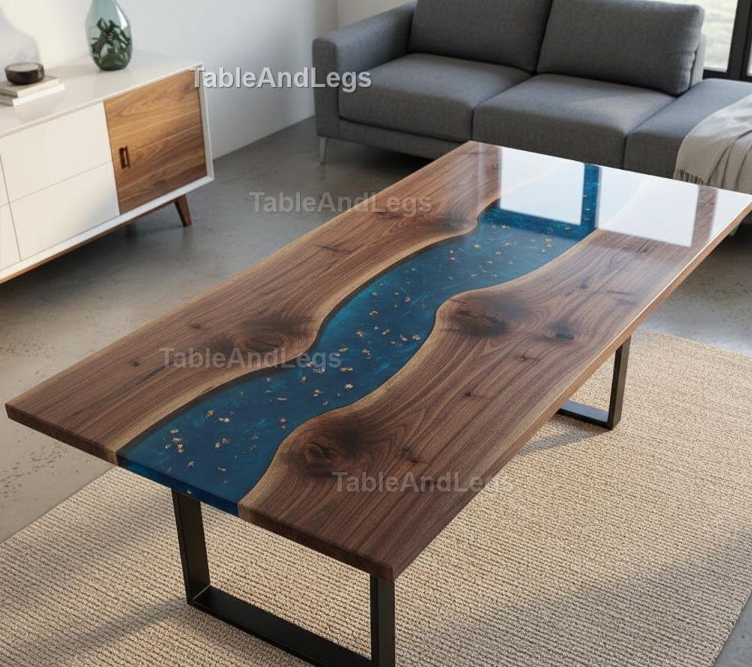 Live Edge Epoxy River Coffee Table | Deep Blue Resin With Gold Flecks ...