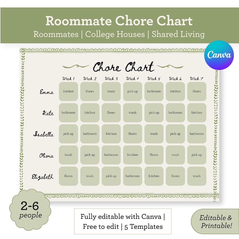 Editable Roommate Chore Chart: College Apartment Cleaning Schedule ...