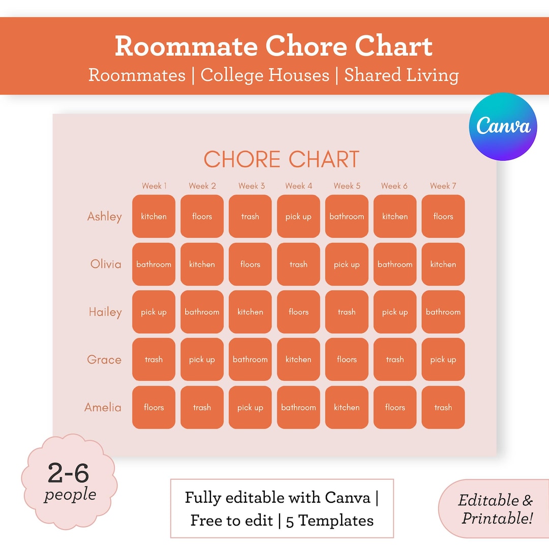 Editable Roommate Chore Chart: College Apartment Cleaning Schedule ...