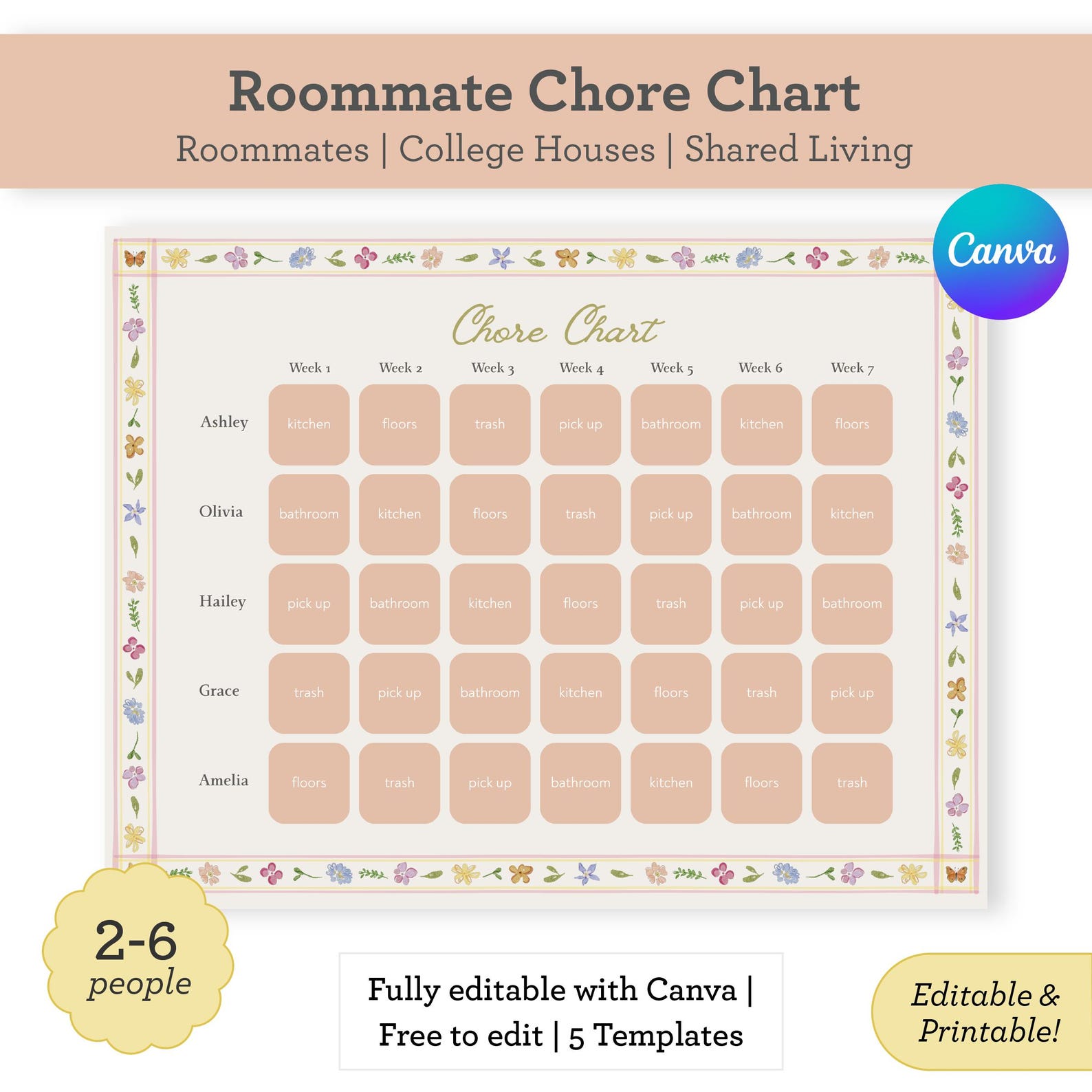 Editable Roommate Chore Chart: College Apartment Cleaning Schedule ...