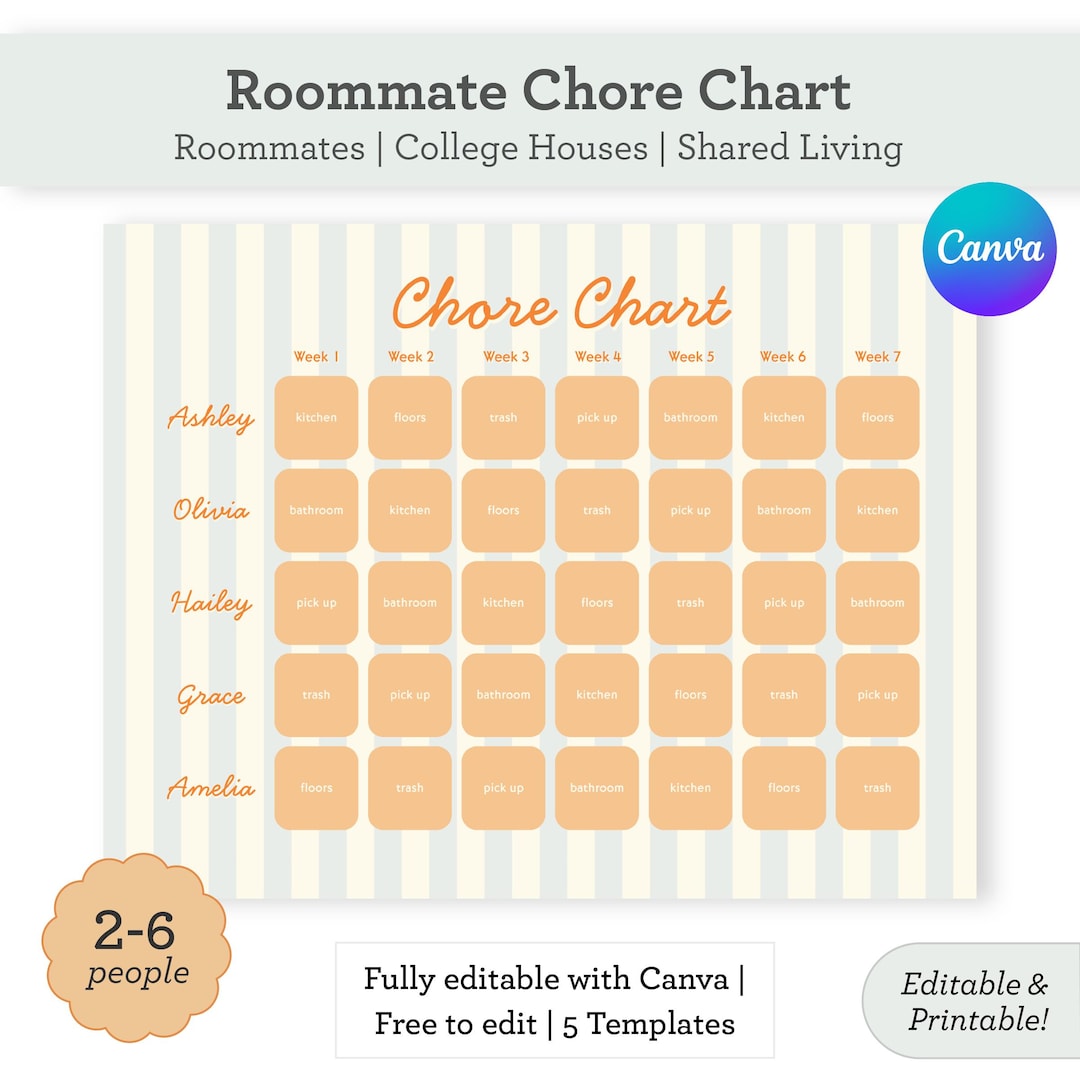 Editable Roommate Chore Chart: Weekly Cleaning Schedule Canva Template ...