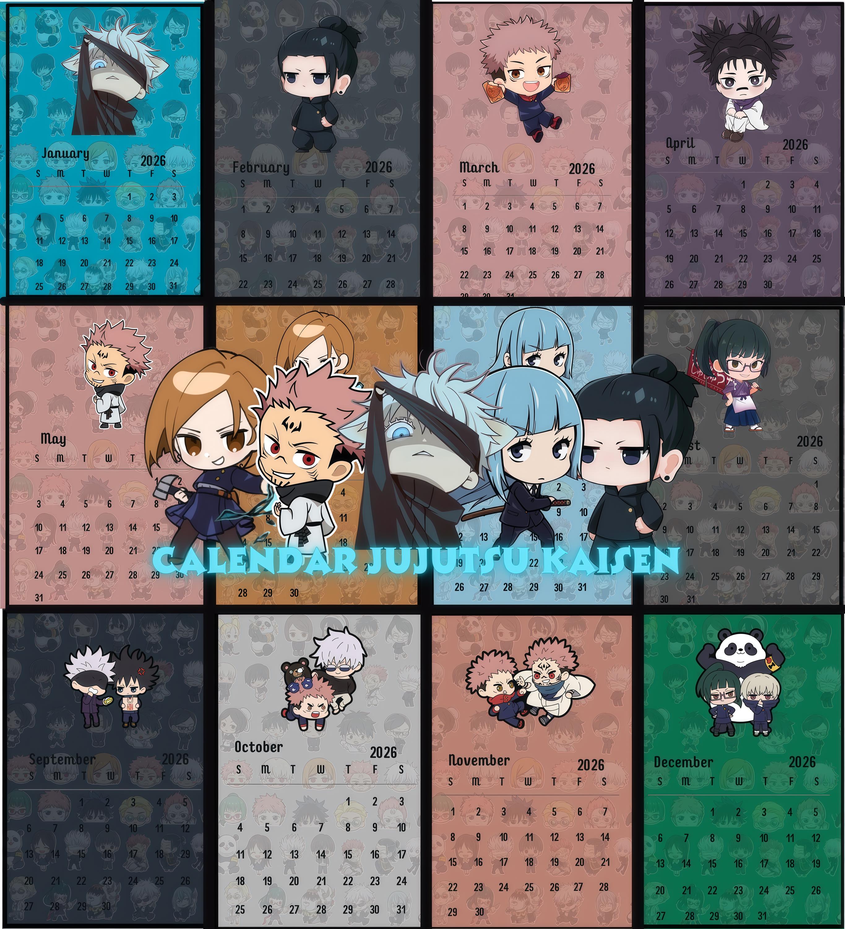 Jujutsu Kaisen Anime Digital Calendar 2026 | Chibi Stickers | Printable ...
