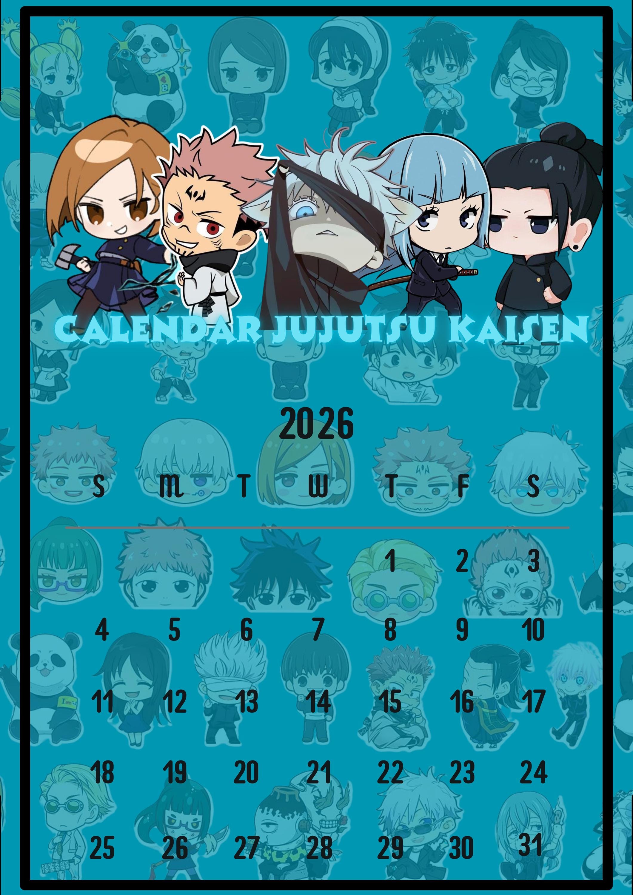 Jujutsu Kaisen Anime Digital Calendar 2026 | Chibi Stickers | Printable ...