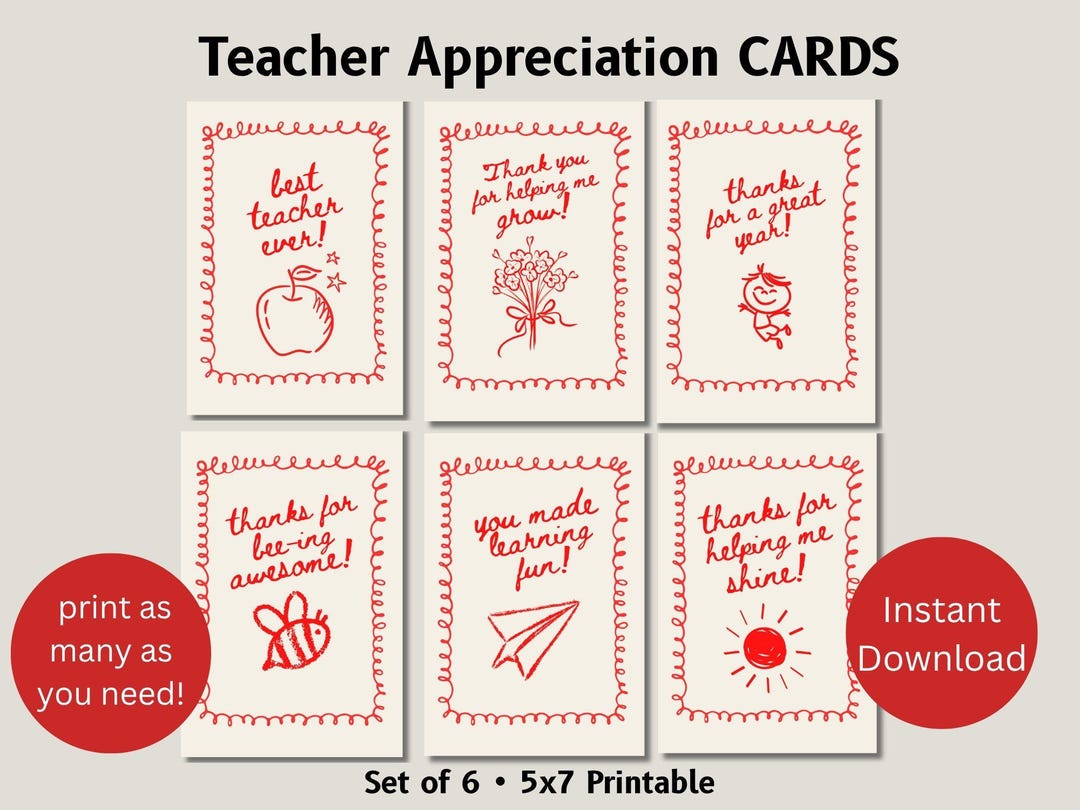 Printable Teacher Thank You Cards, Set of 6, 5x7 Appreciation Gift ...