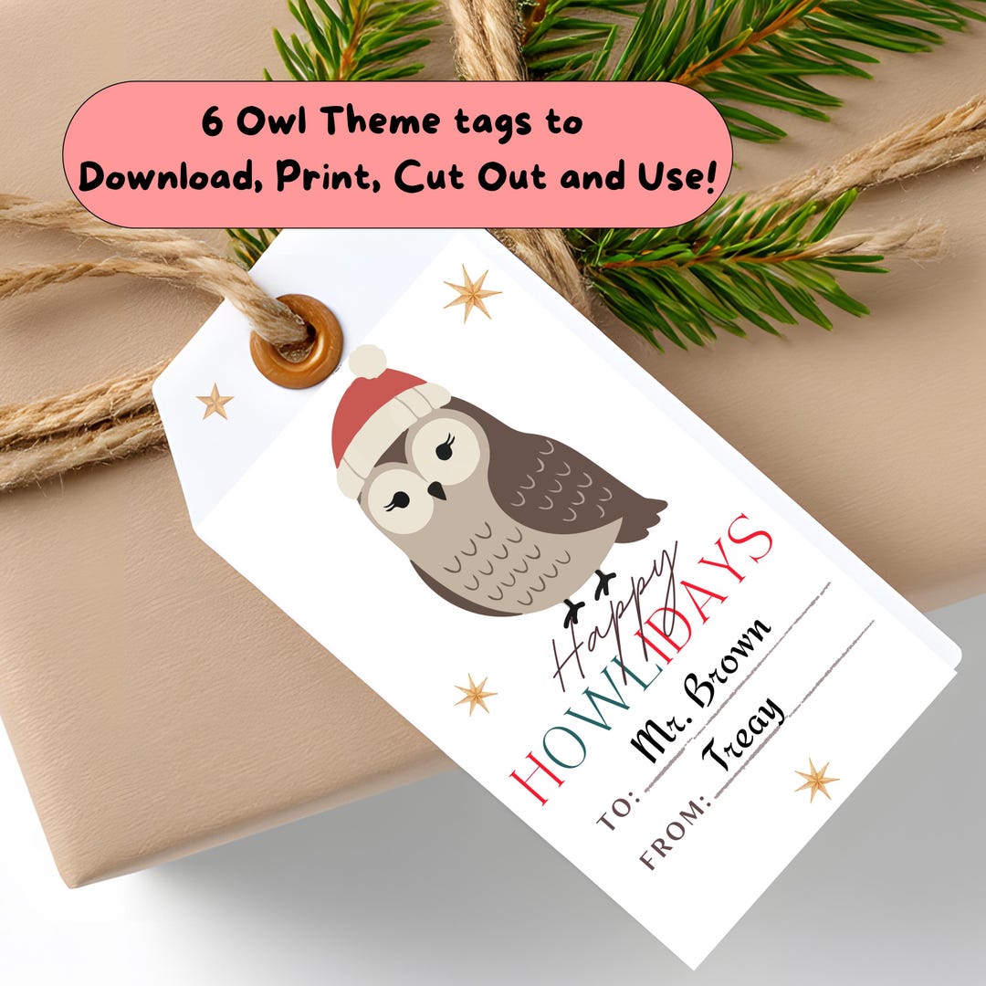 Owl Theme Gift Tags, Labels Nature Rustic, Happy Happy Howlidays Pun ...