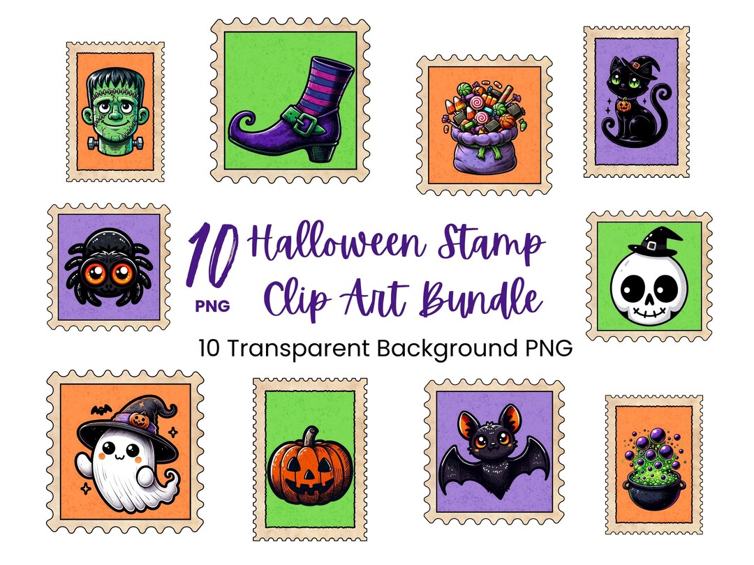 Vintage Halloween Postage Stamp Clipart, Retro Halloween PNG, Halloween ...