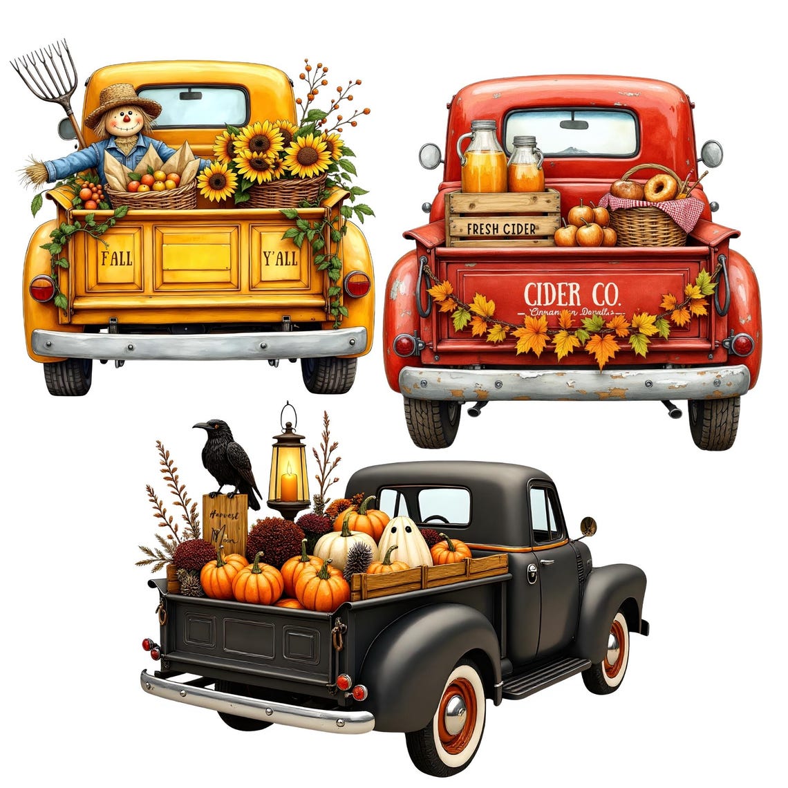 Watercolor Fall Vintage Trucks Clipart, 10 PNG Fall Clipart, Autumn ...