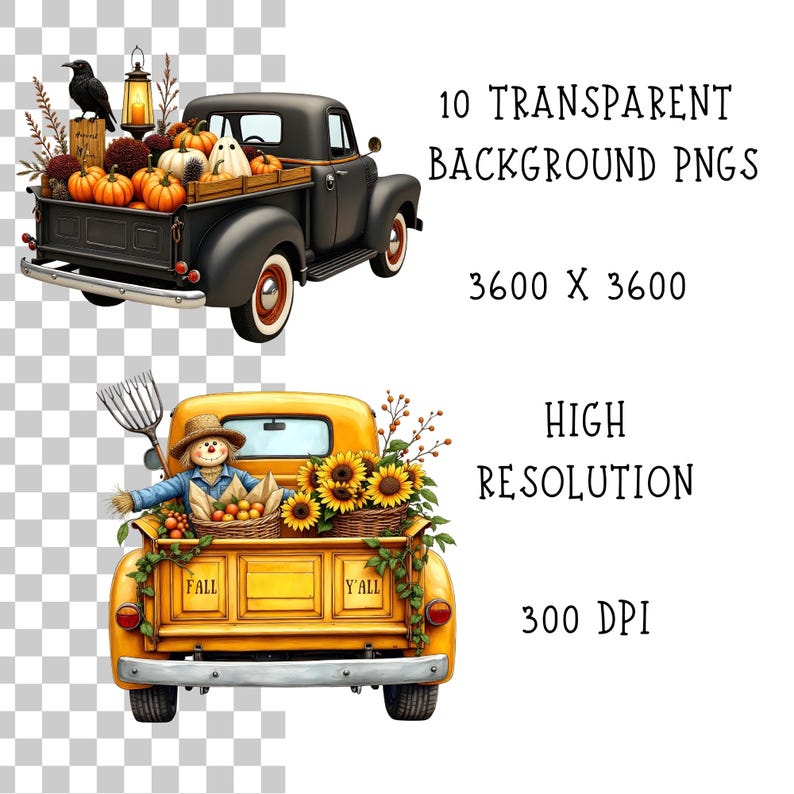 Watercolor Fall Vintage Trucks Clipart, 10 PNG Fall Clipart, Autumn ...