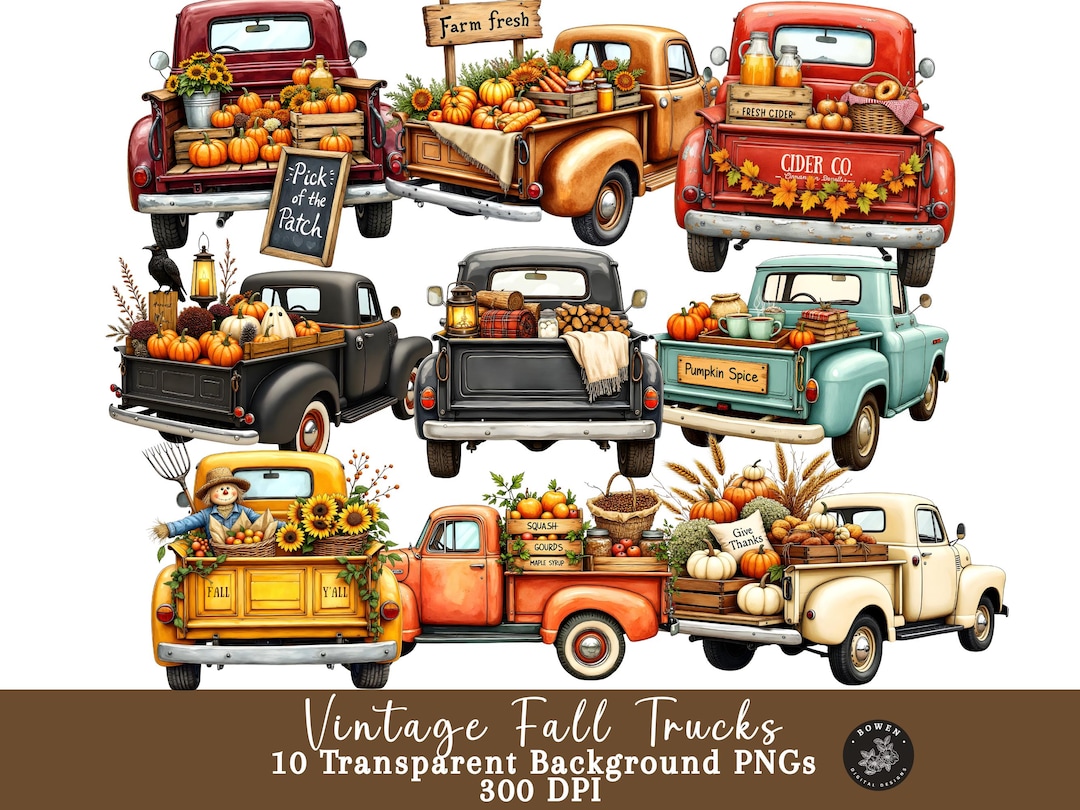 Watercolor Fall Vintage Trucks Clipart, 10 PNG Fall Clipart, Autumn ...