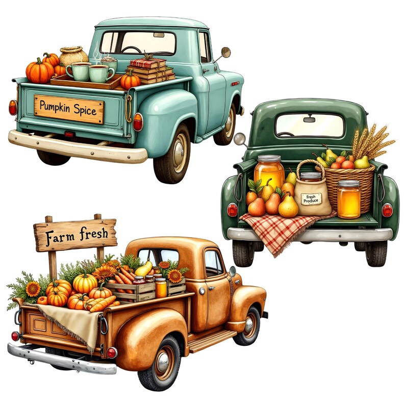 Watercolor Fall Vintage Trucks Clipart, 10 PNG Fall Clipart, Autumn ...