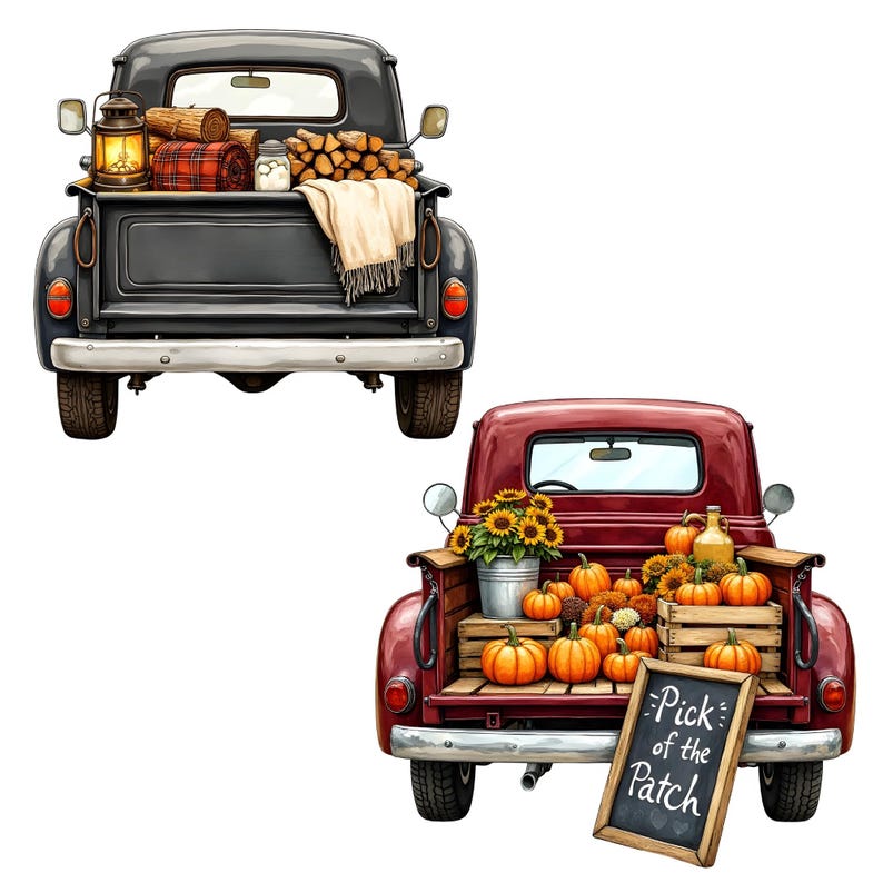 Watercolor Fall Vintage Trucks Clipart, 10 PNG Fall Clipart, Autumn ...