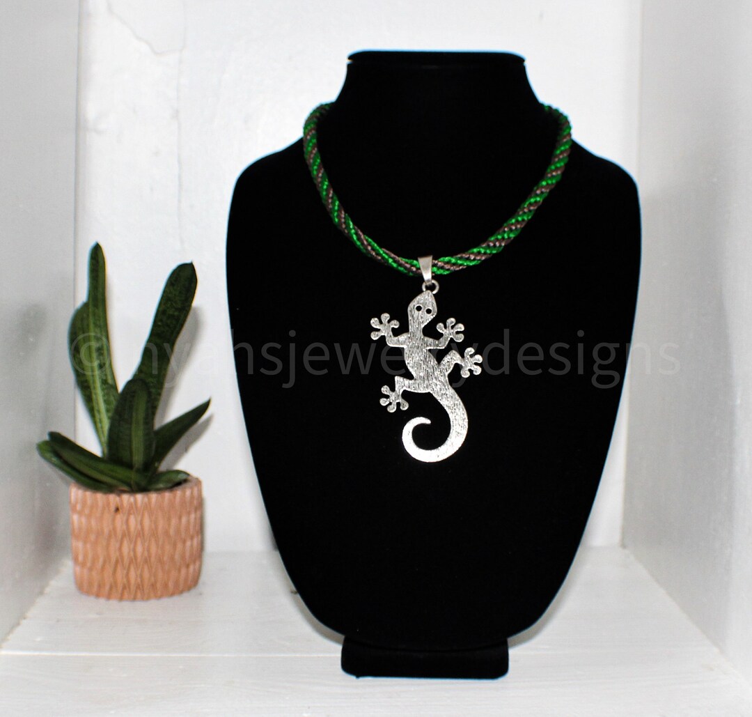 Gecko Lizard Pendant Kumihimo Necklace, Large Pendant Necklace ...