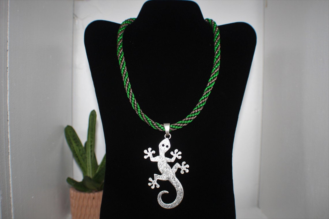 Gecko Lizard Pendant Kumihimo Necklace, Large Pendant Necklace ...