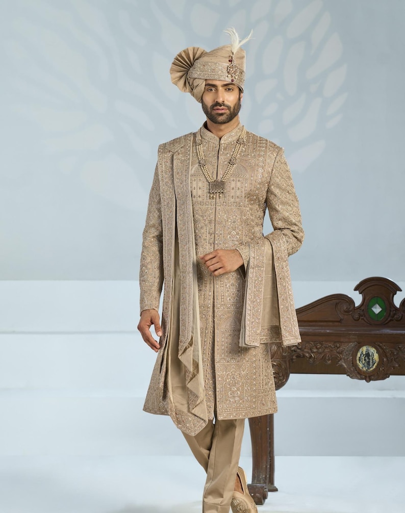LUXURY GOLDEN COPPER Wedding Sherwani for Groom: Indian Men Wedding ...