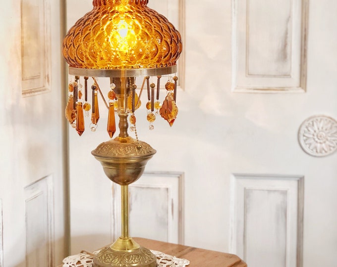 Antique Amber Parlor Table Lamp With Diamond/quilted Glass | Etsy