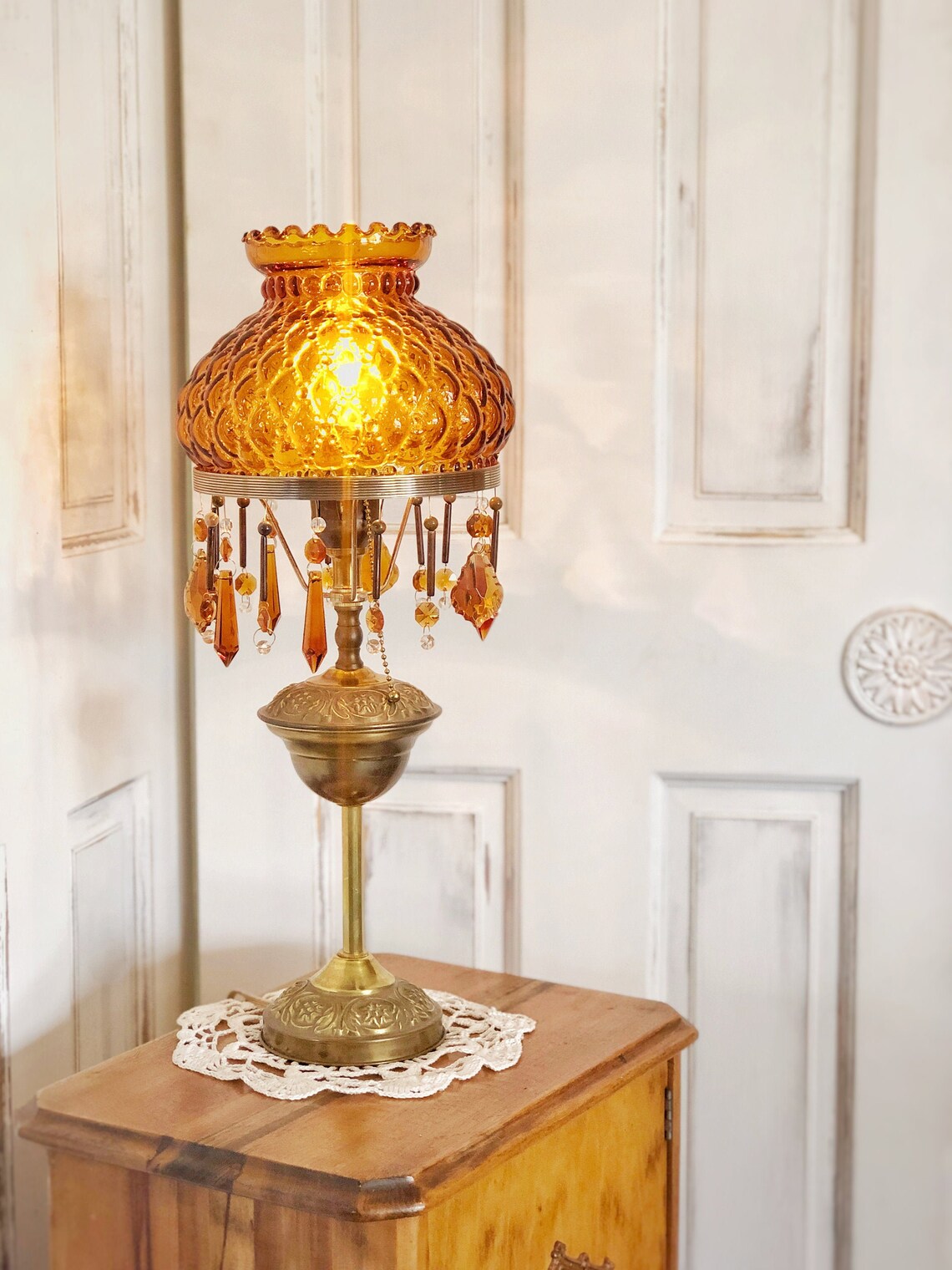 Antique Amber Parlor Table Lamp With Diamond/quilted Glass Shade - Etsy