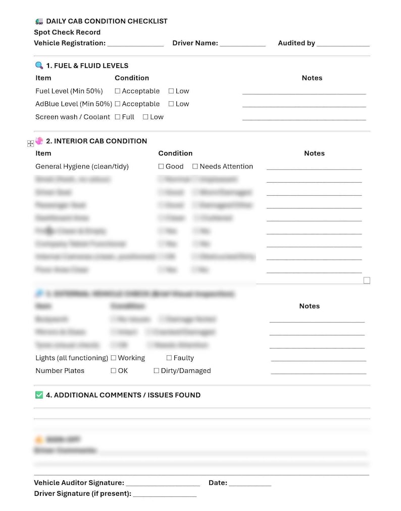 HGV Audit Checklist Excel – Truck Driver Spot Check Form | Fleet ...