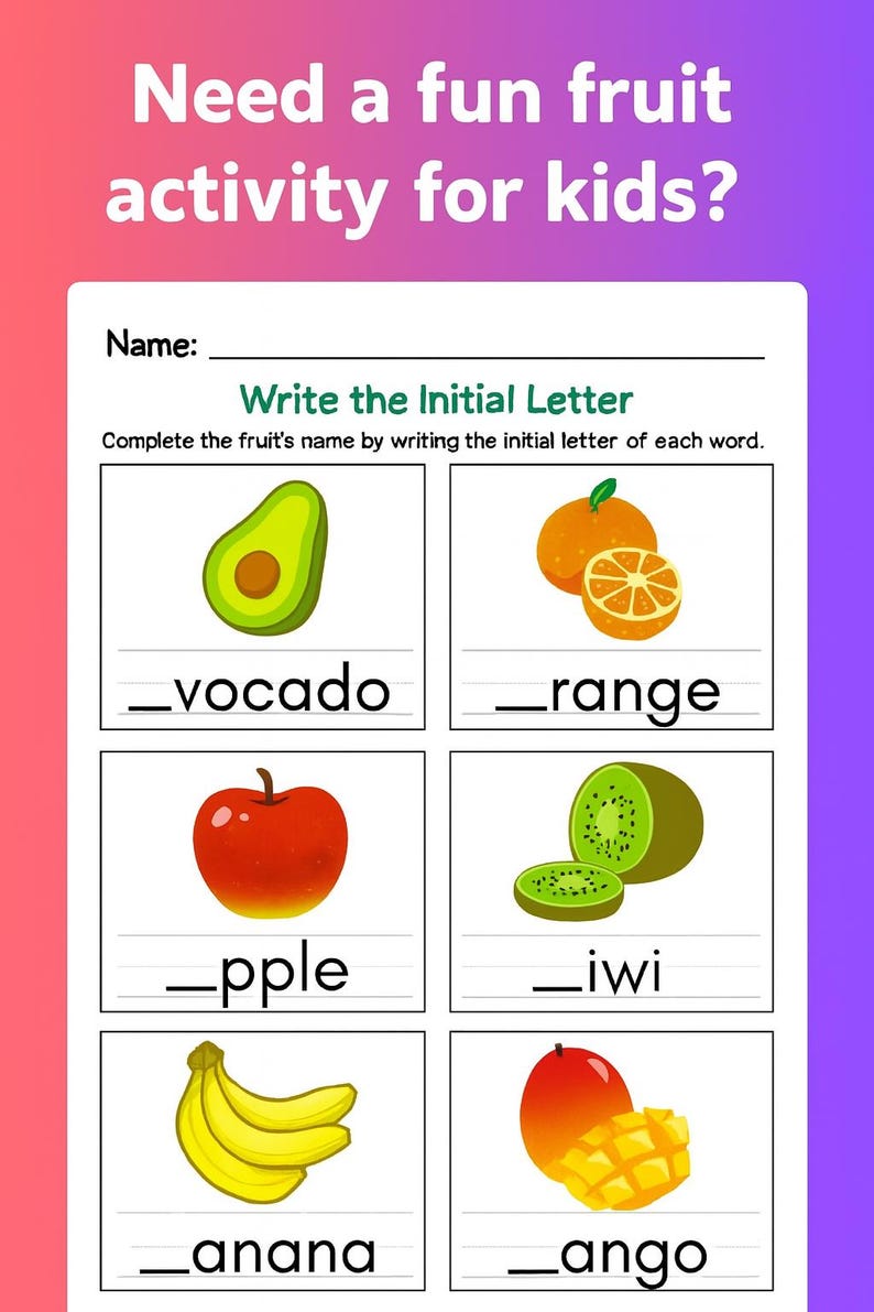Fun Fruit Worksheet for Kids – Learn the Initial Letters - Etsy