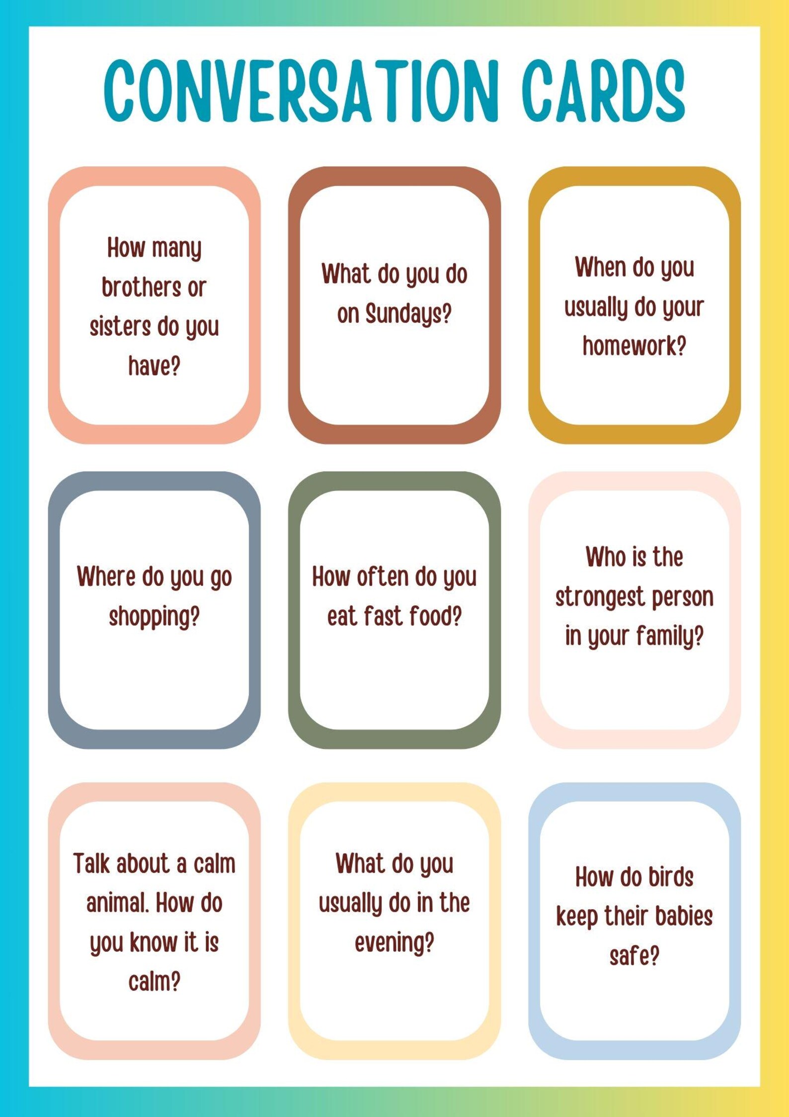 Boho Conversation Cards Worksheet for Kids – Fun & Reflective Prompts ...