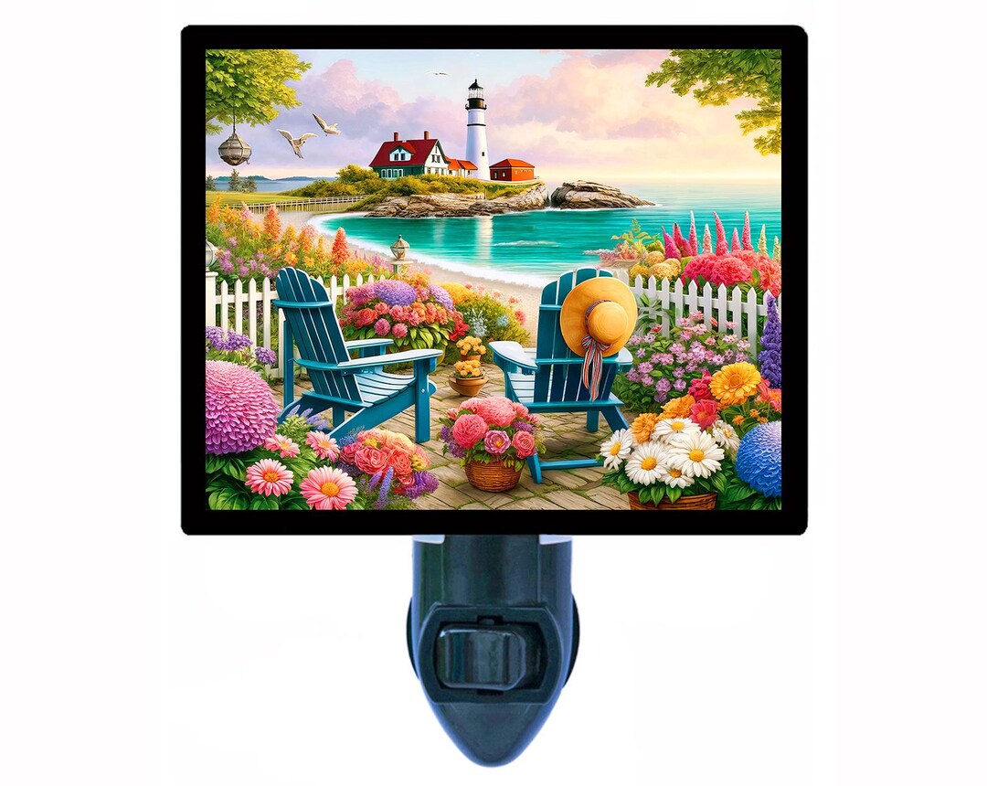 Coastal Garden Retreat – Lighthouse and Flowers Night Light – Nautical ...