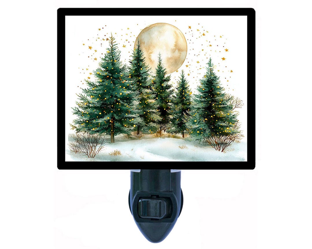 Moonlight Grove Night Light, Winter Forest With Full Moon and Evergreen ...
