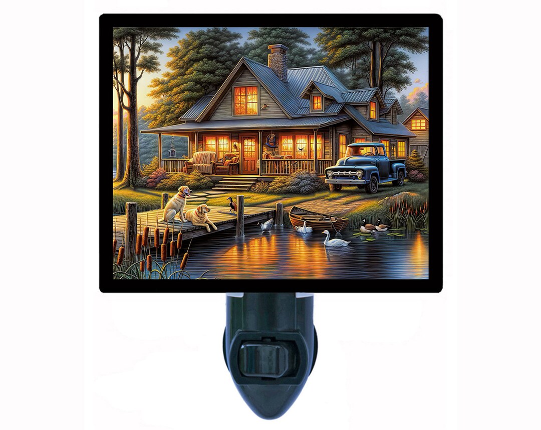 Evening Glow Retreat – Cabin Lake Dock Night Light With Dogs – Rustic ...