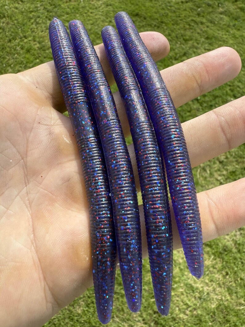 Junebug Red and Blue Stick Worms: Handmade Soft Plastic Bass Lures - 5 ...