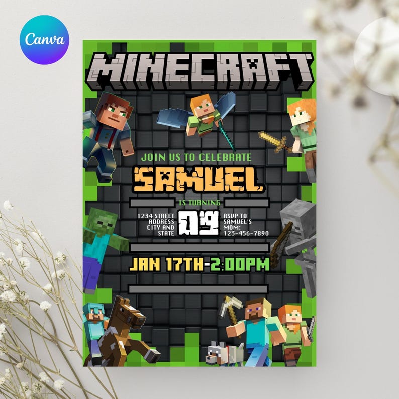 Editable Pixel Birthday Invitation Block Party Invite Gamer Birthday ...