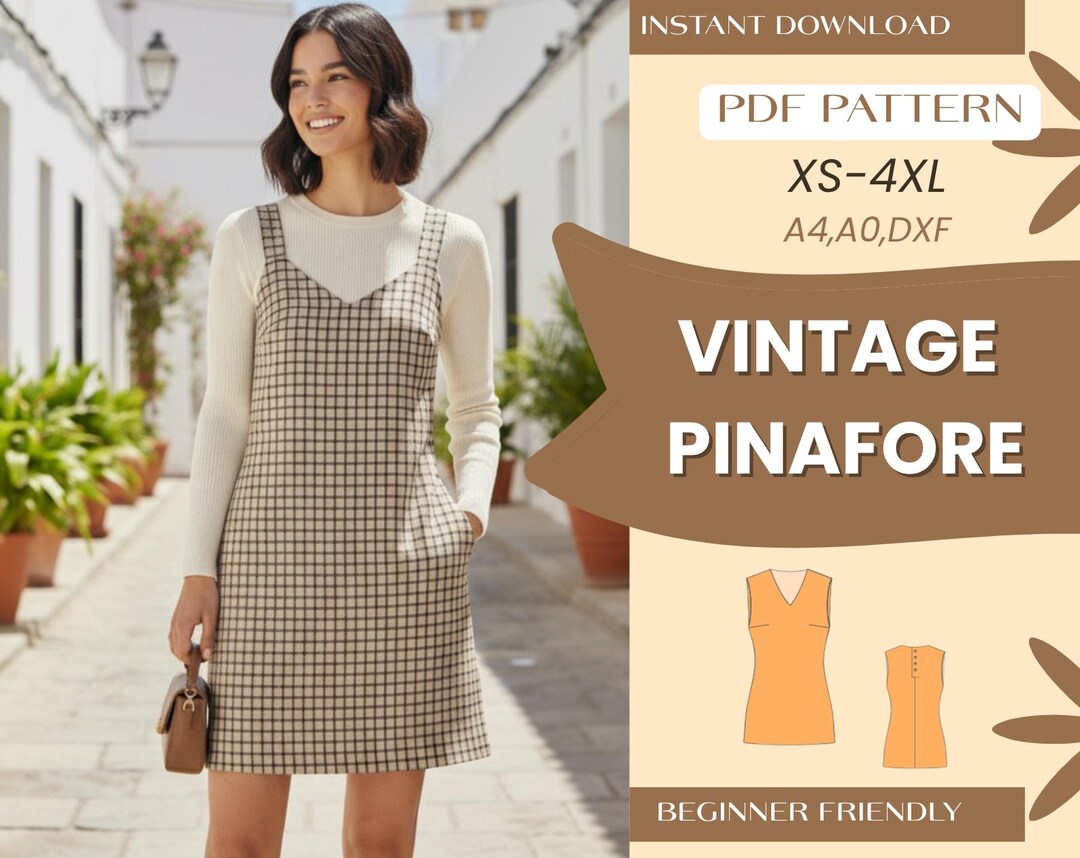 V-neck Vintage Pinafore Sewing Pattern: Classic Apron-style Dress XS ...