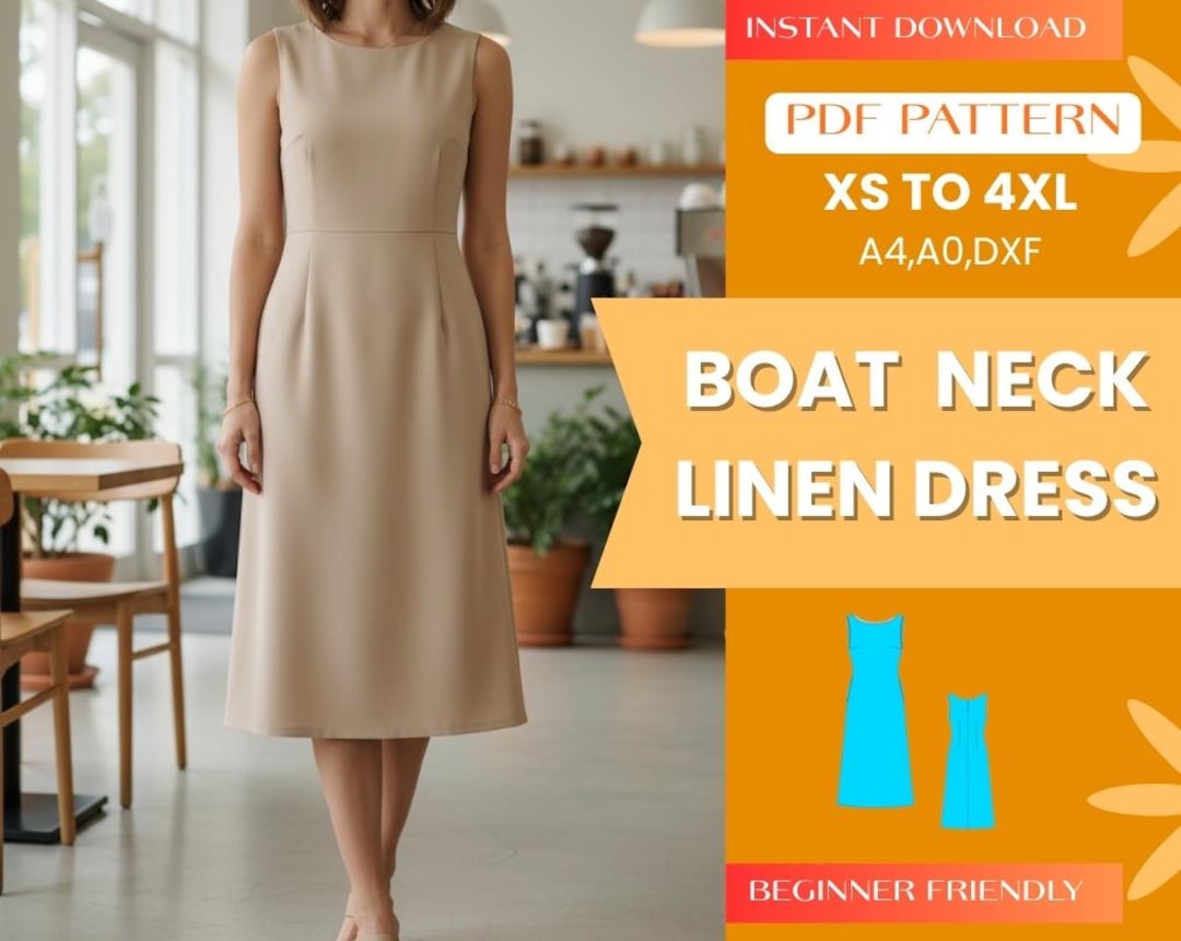 Linen Sundress Sewing Pattern: Sleeveless Boat Neck Midi (sizes XS-4XL ...