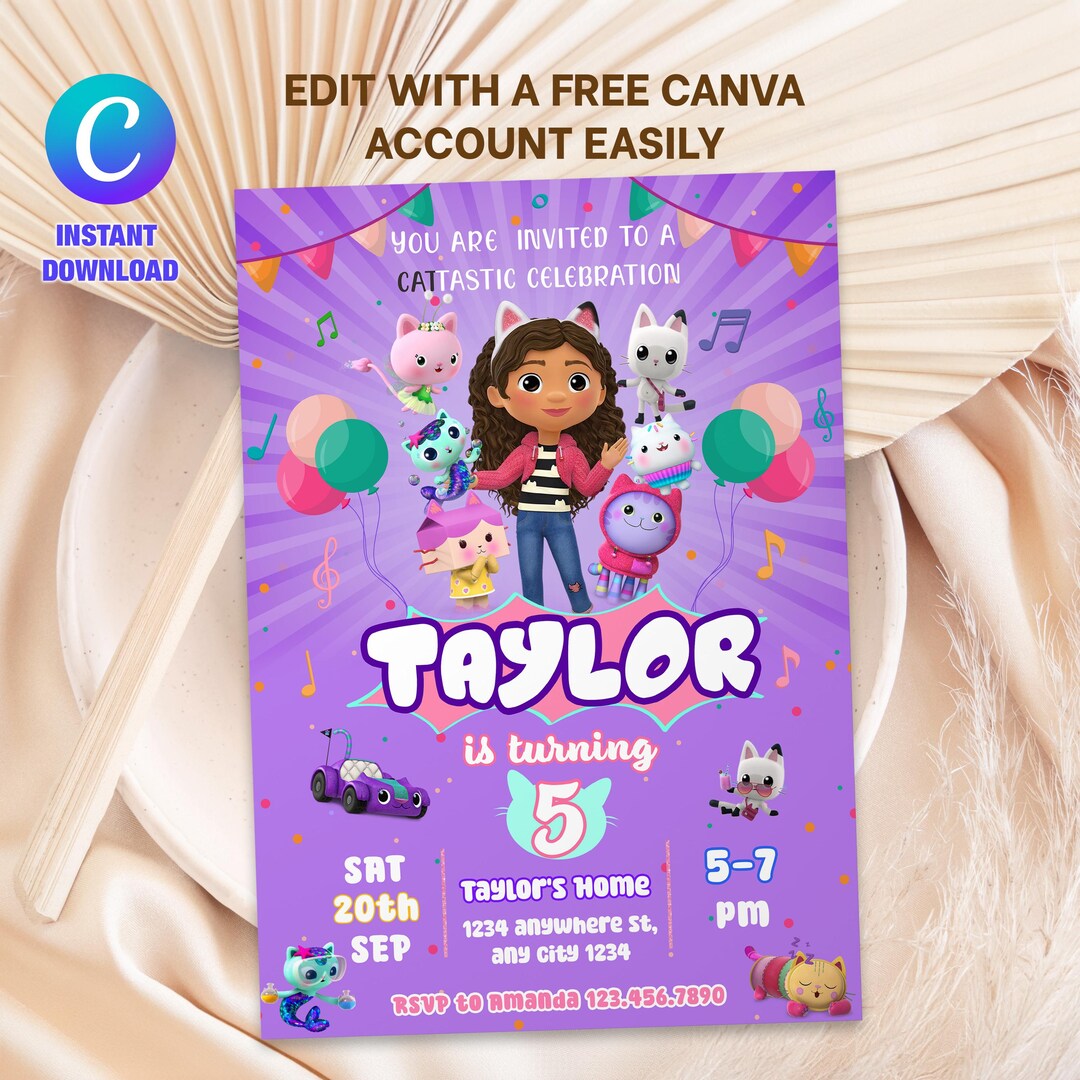 Editable Gabbys Dollhouse Birthday Invitation, Gabby Kids Party Invites ...