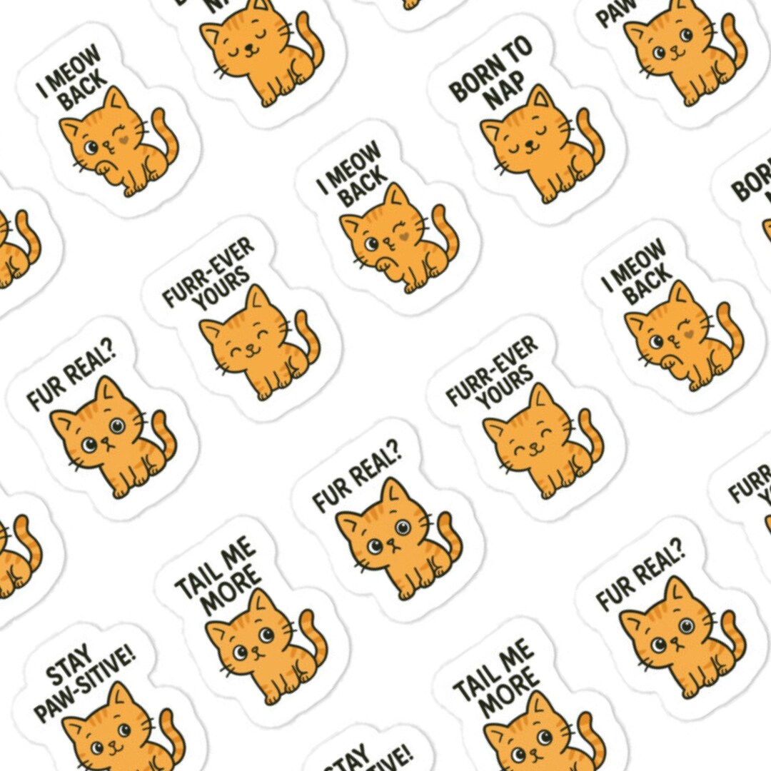 Funny Cat Sticker Pack, Cute Kitty Pun Stickers, Kawaii Cat Decals ...