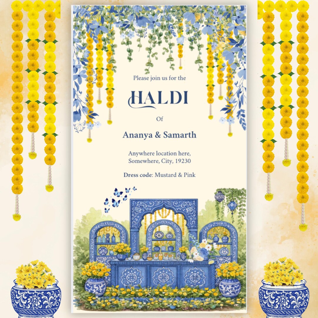 Haldi Indian Wedding Video Invite | Blue Pottery Theme | Editable in ...