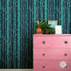 Tree Wall Stencil Painting Forest Trees on Feature Wall in Bedroom or ...