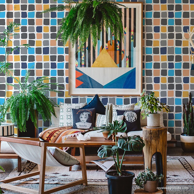 Geometric Square Wall Stencil – Retro DIY Wall Pattern - Etsy