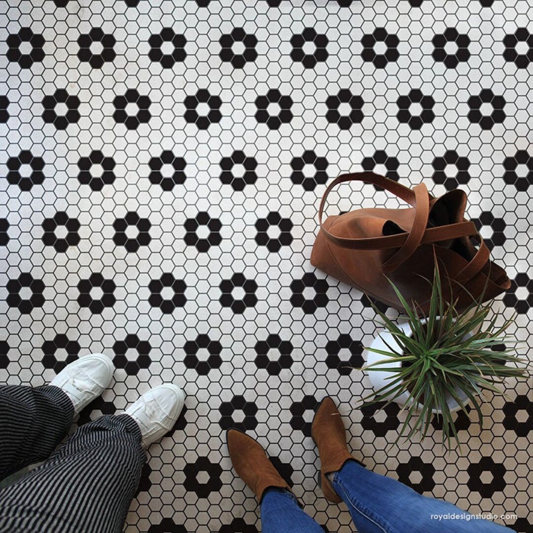 Hexagon Tile Floor Stencil Classic Retro Penny Tiles Pattern for ...