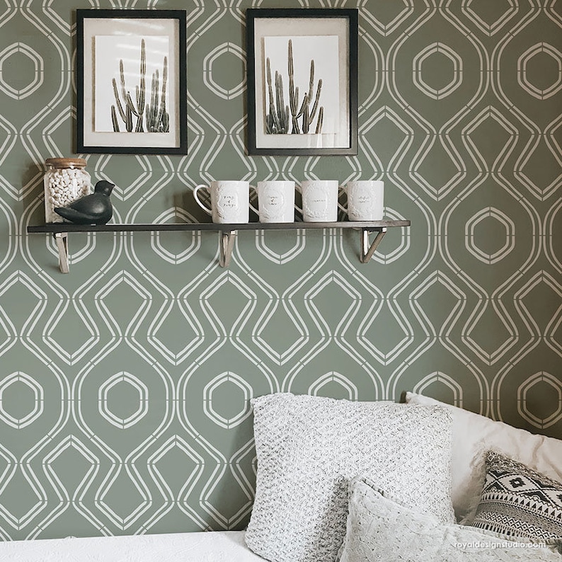 Tatum Geometric Wall Stencil | Retro Wallpaper Pattern, DIY Mural - Etsy