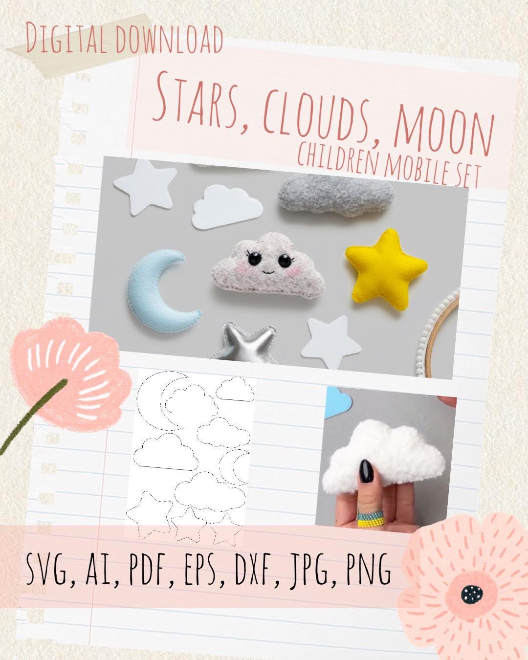 Cloud, Star, Moon Mobile Template Set, Sewing Patterns (digital ...