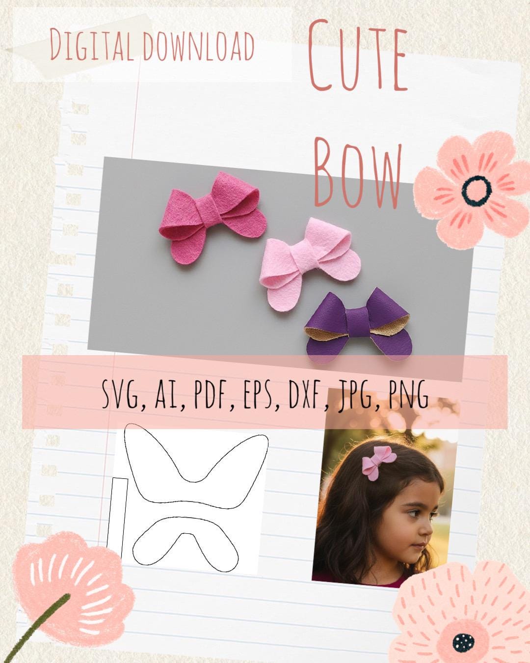Classic Hair Bow SVG Template | Leather & Felt Bow Pattern (digital ...