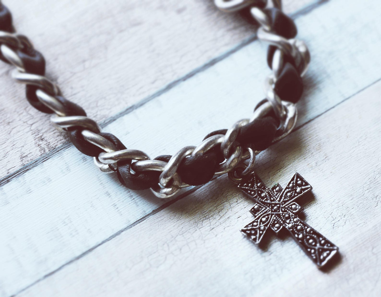 Recycled Gothic Black Detailed Cross Silver Chain and Ribbon Necklace ...